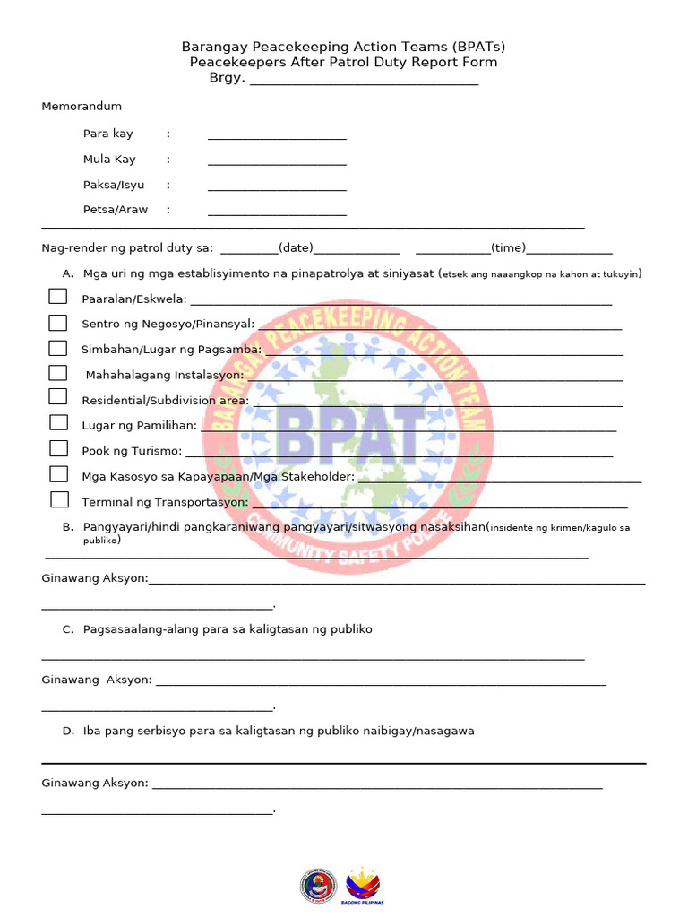 PBATS Peacekeeping After Duty Patrol Report 2 | PDF