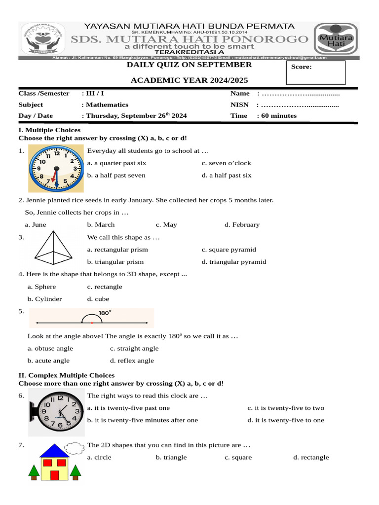 DAILY QUIZ ON SEPTEMBER Math | PDF | Shape | Geometric Objects