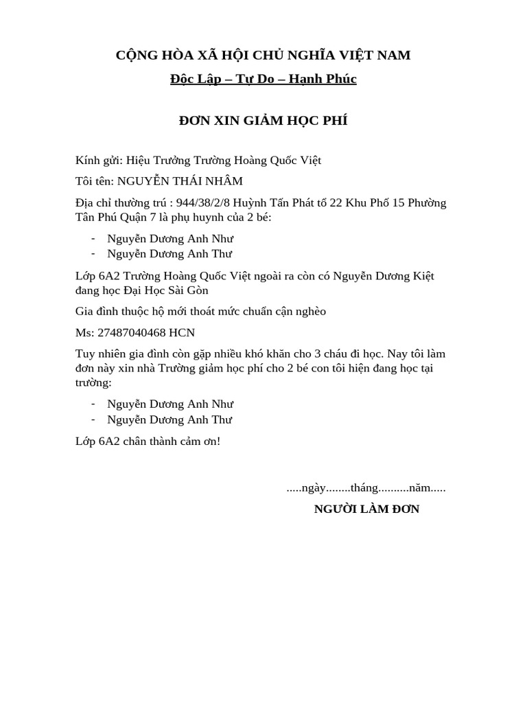 Đơn Xin Giảm Học Phí | PDF