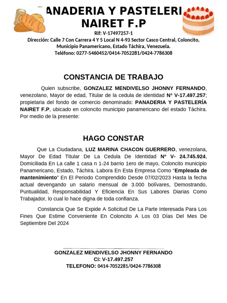 CONSTANCIA DE TRABAJO PANADERIA NAIRET | PDF