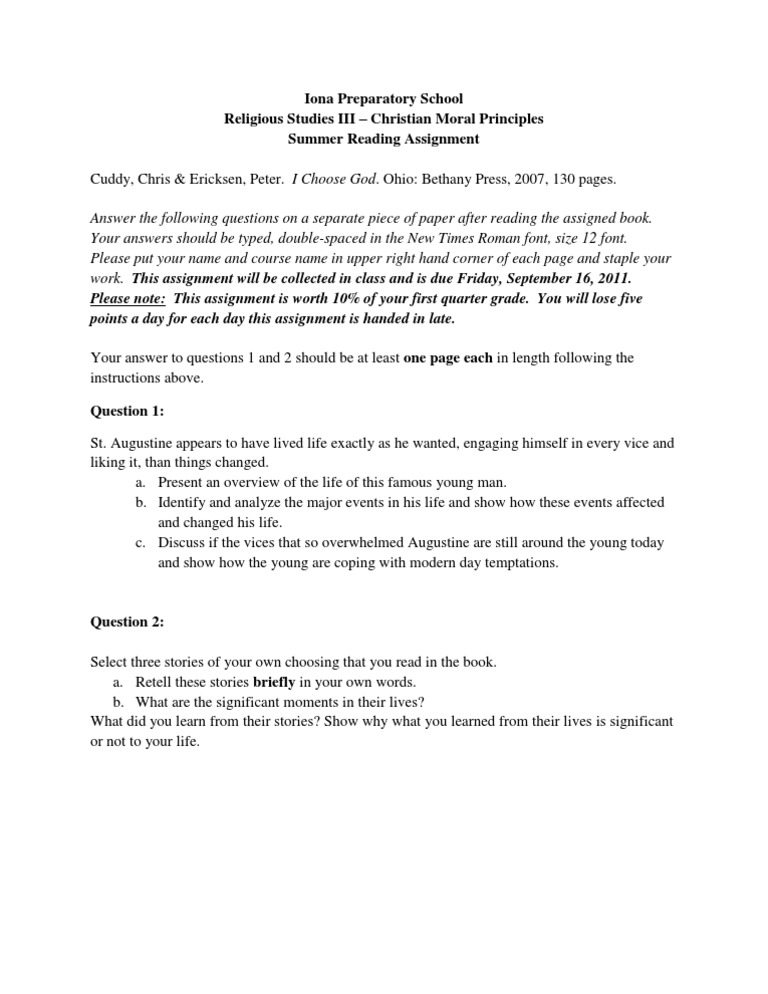 Religious Studies III Summer Reading Assessment | PDF