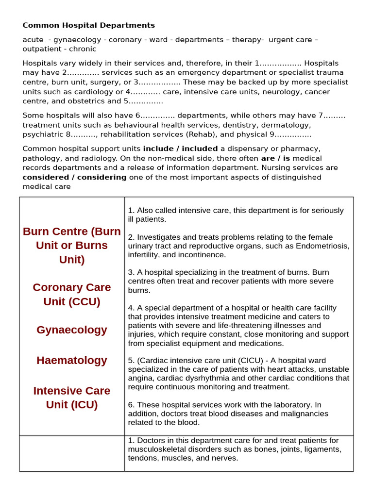 2 Common Hospital Departments excercises | PDF | Hospital | Oncology