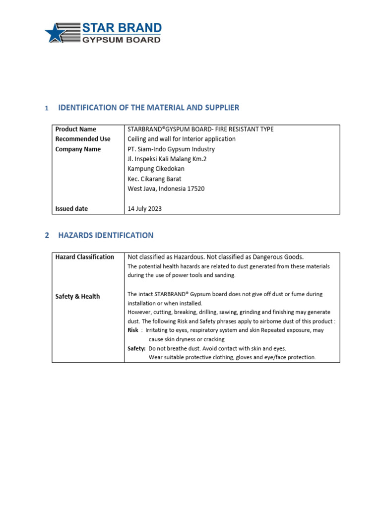 MSDS STARBRAND FIRE RESISTANT 2023 (1) | PDF | Hazards | Waste Management