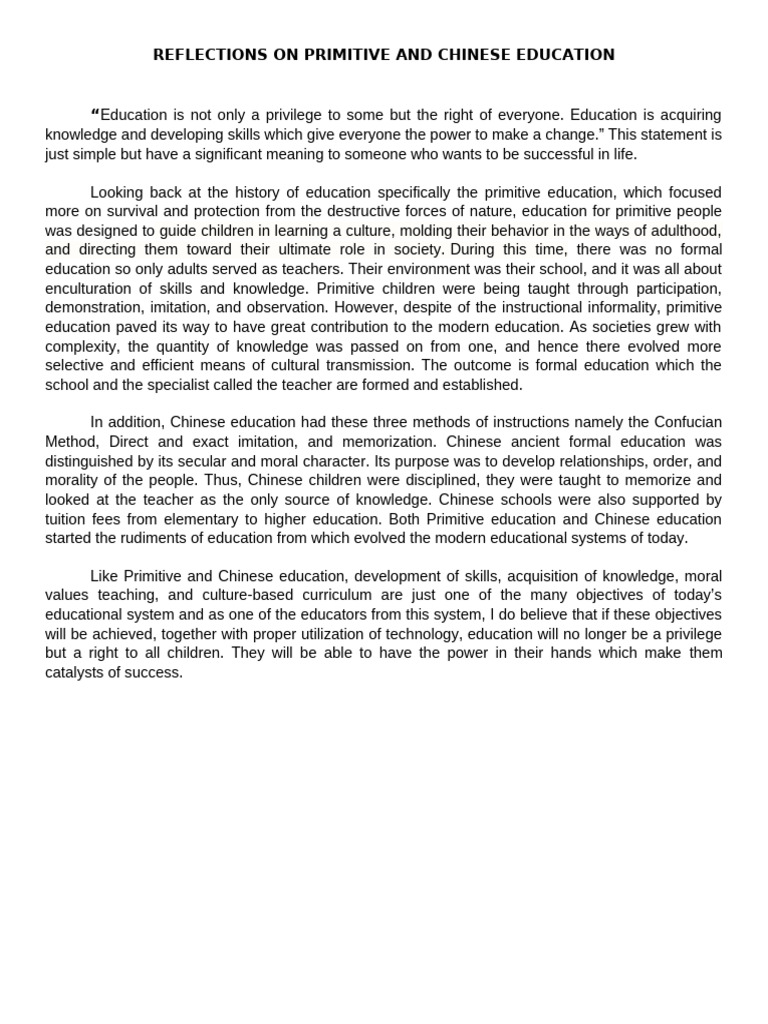 Reflections On Primitive and Chinese Education | PDF | Behavior Modification | Cognition