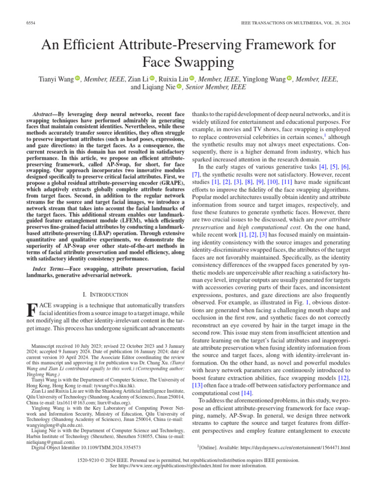 An Efficient Attribute-Preserving Framework For Face Swapping | PDF