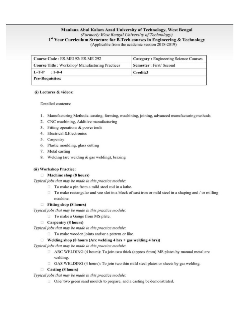 Workshop Practice Syllabus | PDF