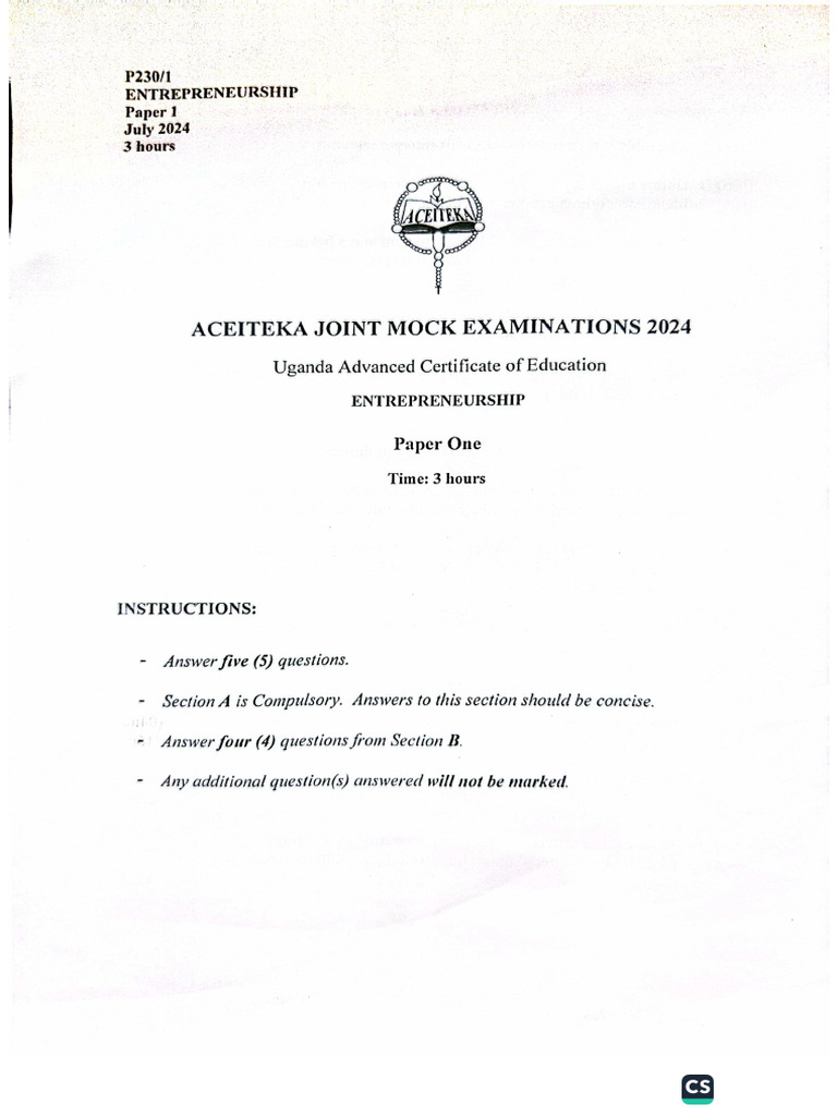 Aceiteka Joint Mock p1 s6 Entrepreneurship Past Paper 2024 | PDF