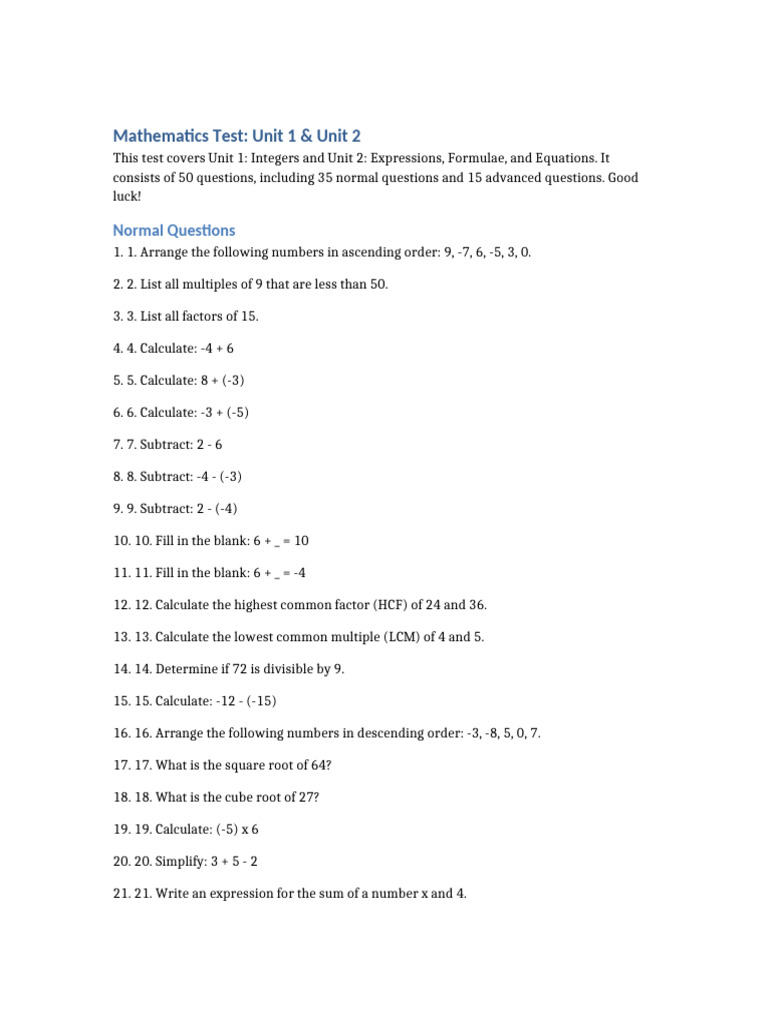 Mathematics Test: Integers & Expressions | PDF | Teaching Methods ...