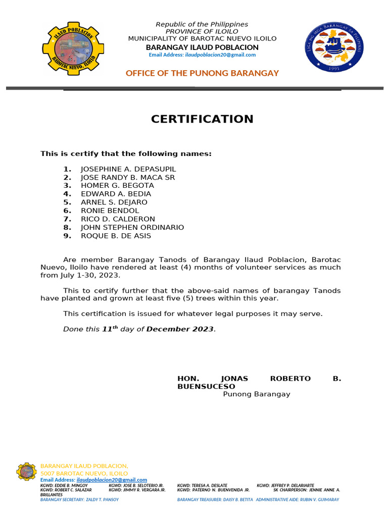 certification barangay tanod province | PDF