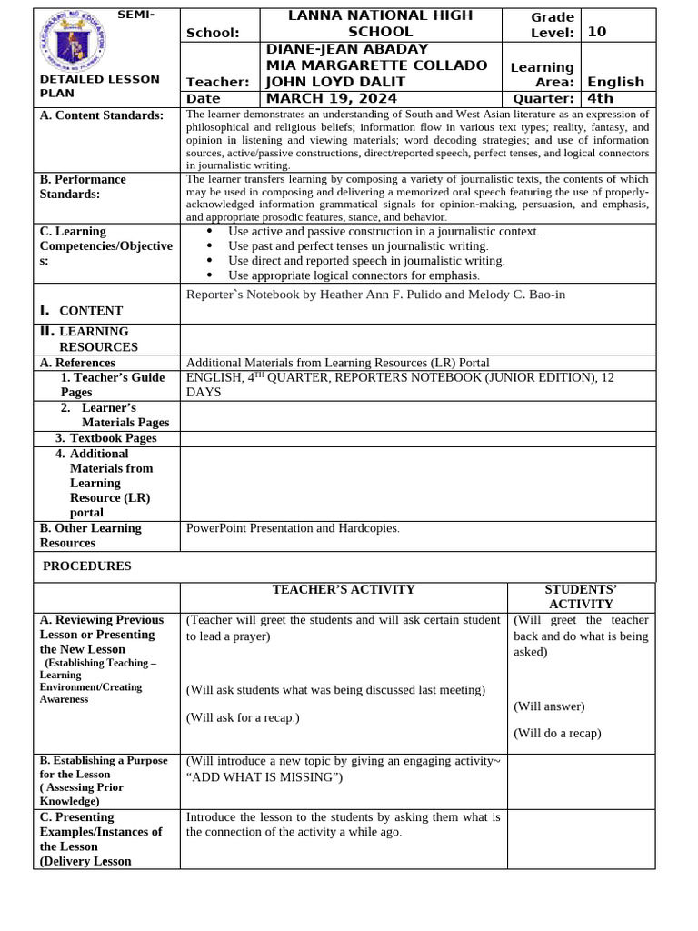 Daily Lesson Log Lanna Nhs | PDF | Learning | Teachers