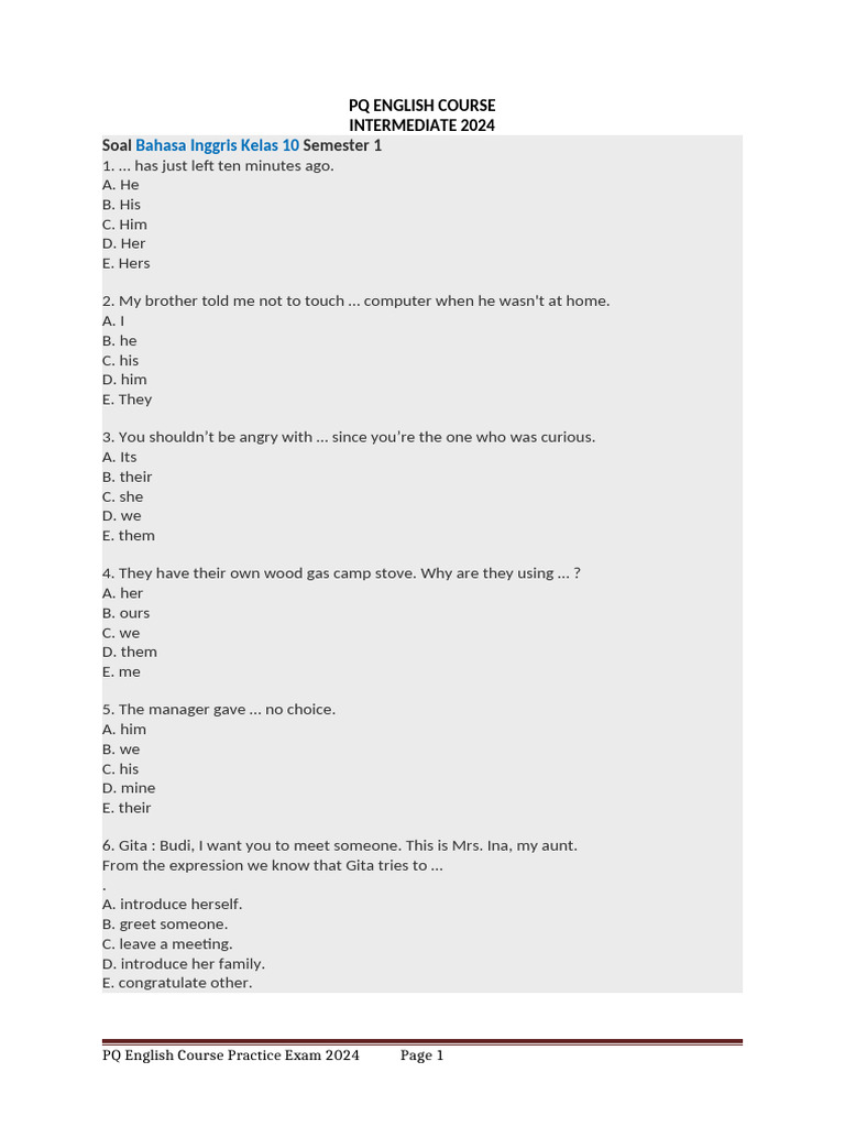 PQ English Intermediate Exam 2024 | PDF | Rome | Bali