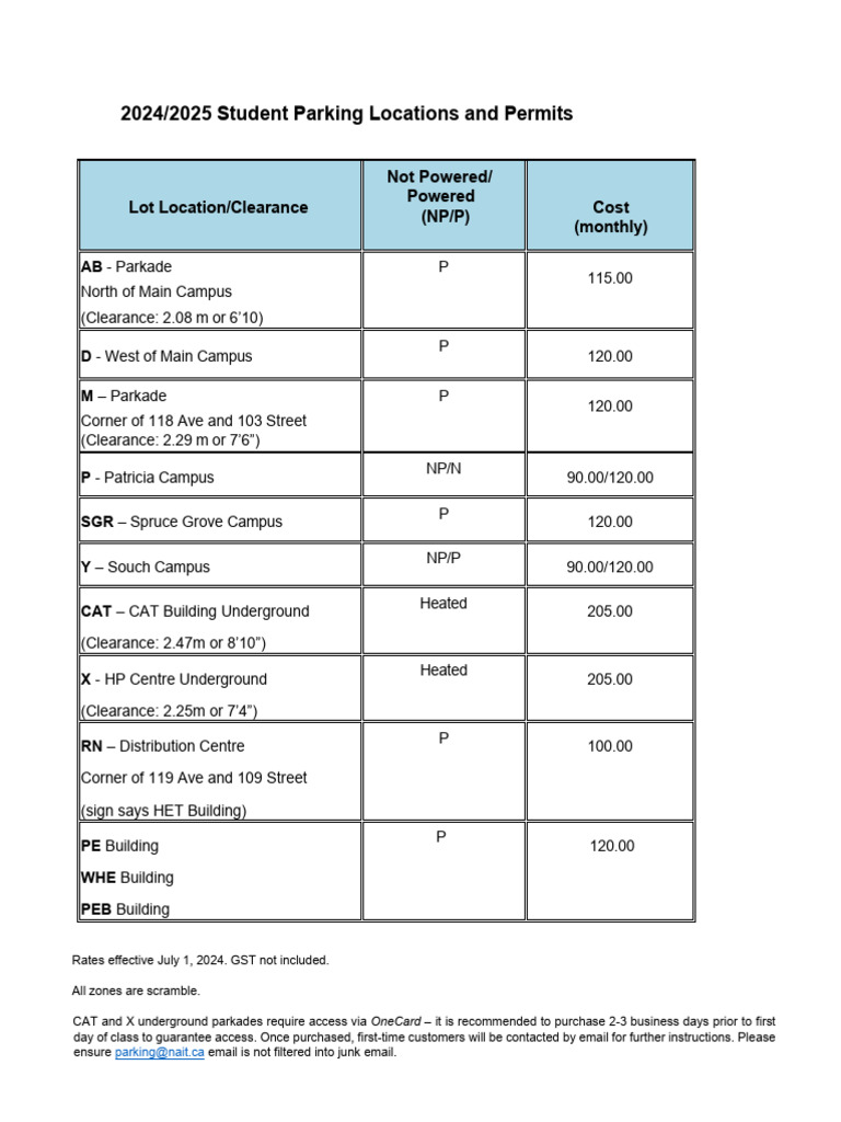 Student Parking Rates - 2024-25 - Revised | PDF | Parking