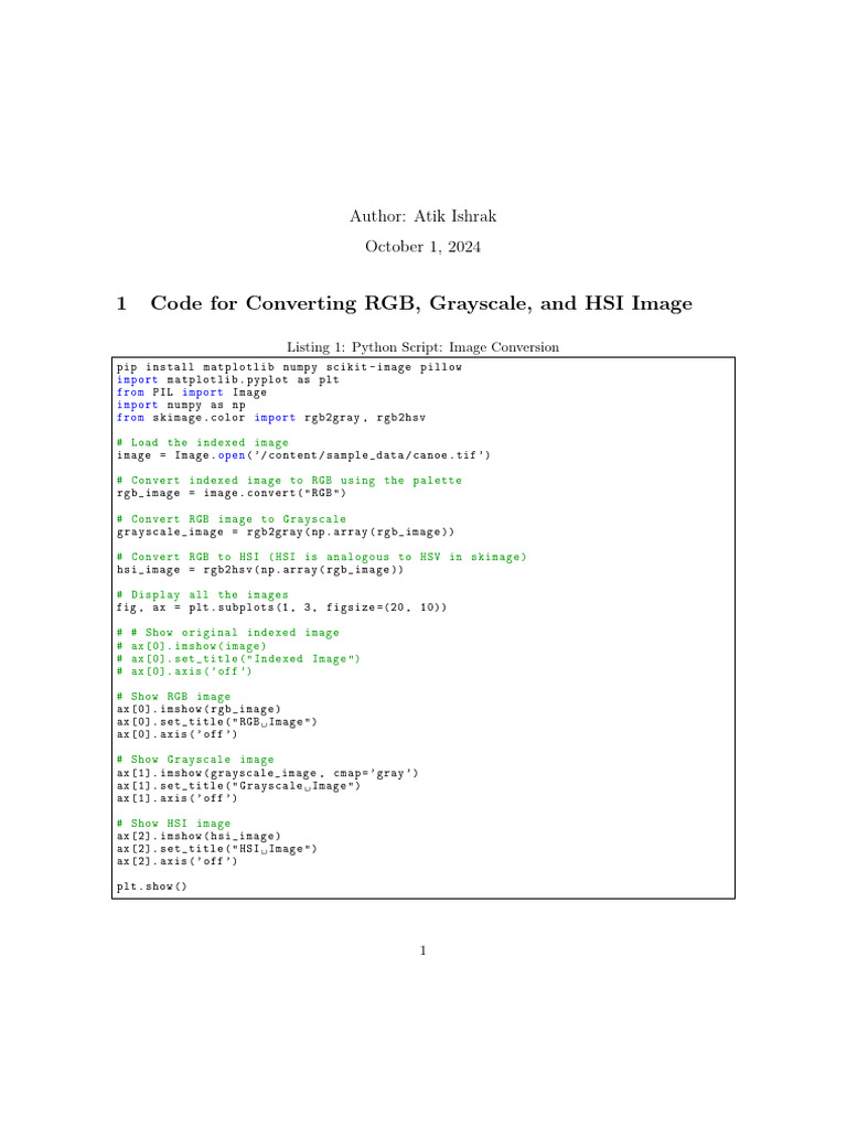 1 Code For Converting RGB, Grayscale, and HSI Image: Author: Atik Ishrak October 1, 2024 | PDF ...