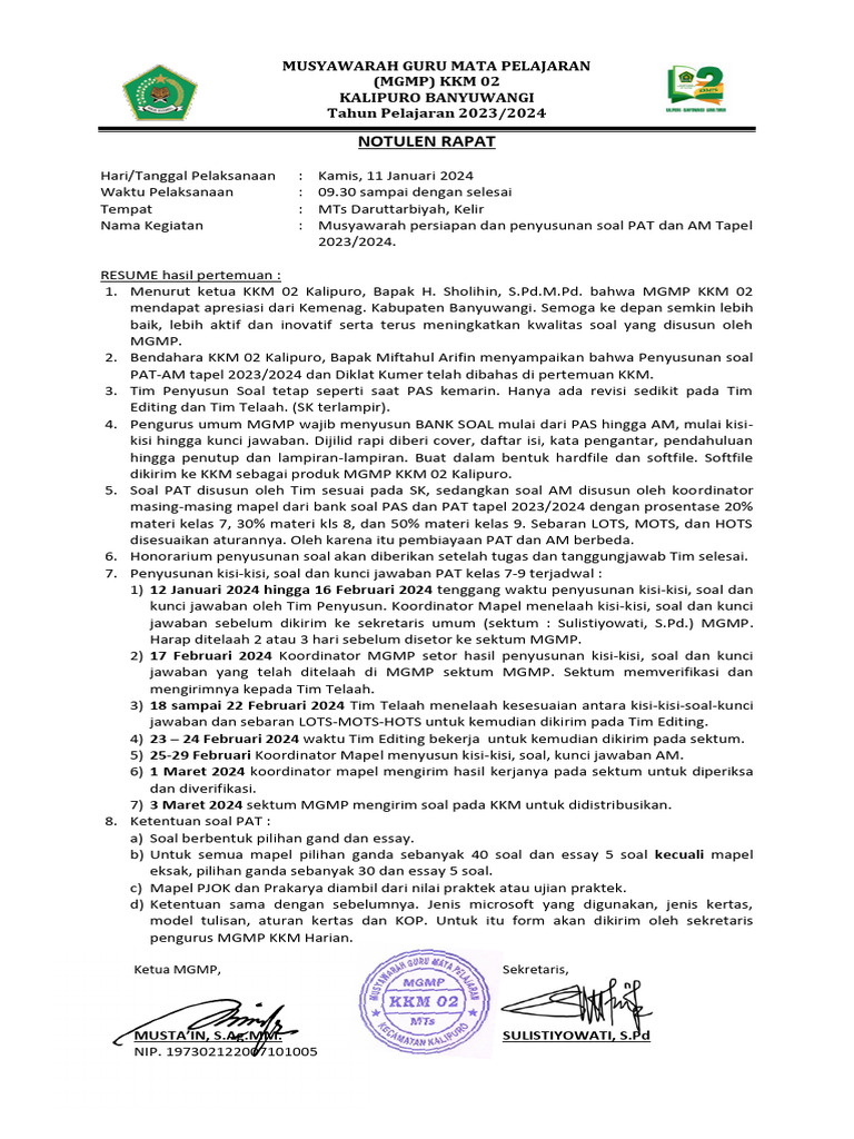 Notulen Rapat MGMP KKM 002 - 11jan2024 | PDF