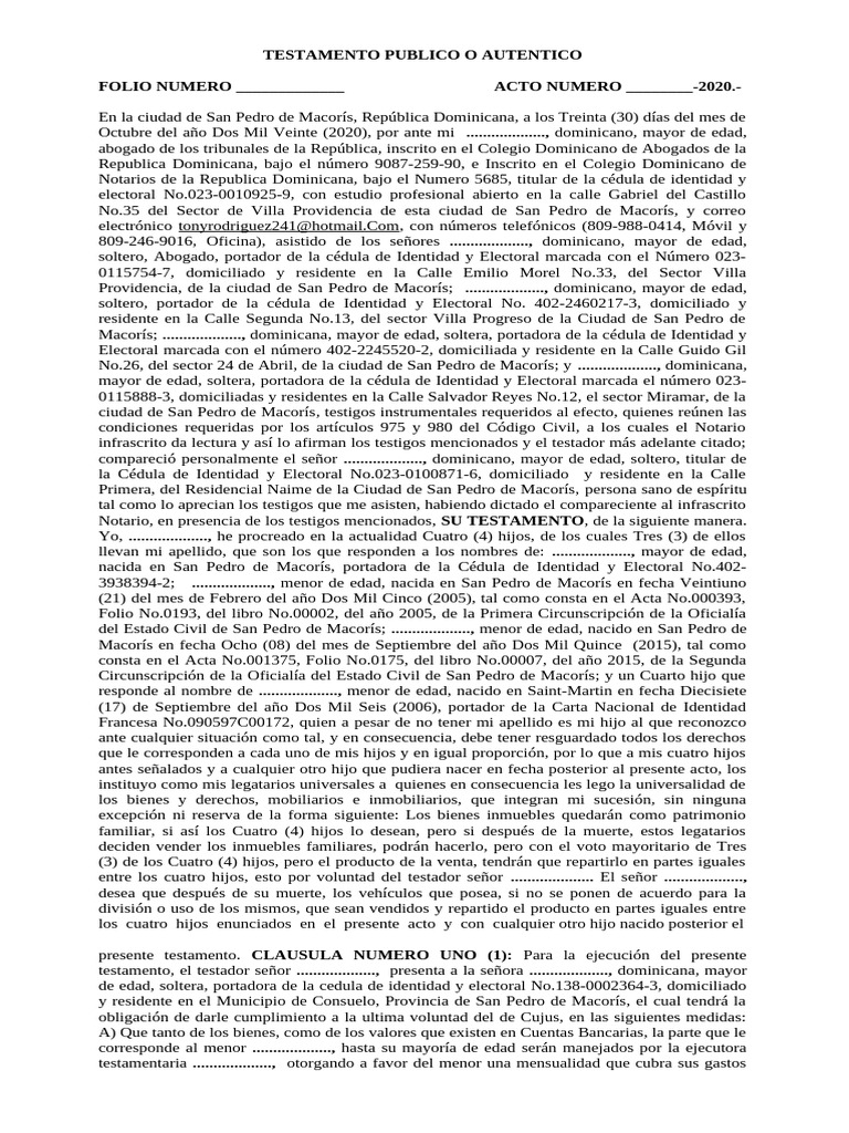 TESTAMENTO PUBLICO O AUTENTICO modelo | PDF | Documento de identidad ...