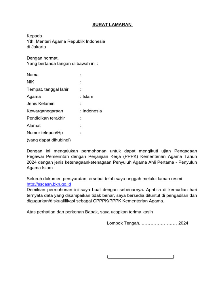 SURAT LAMARAN PPPK Kemenag 2024 - Edit IPARI | PDF