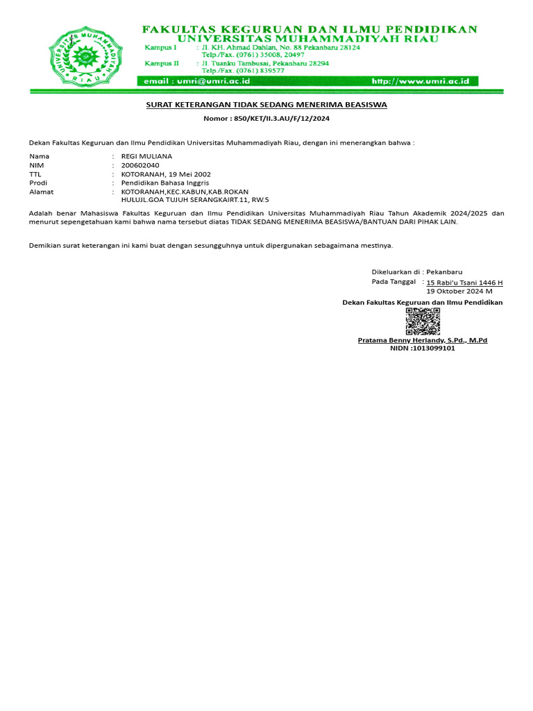 Surat Bebas Beasiswa | PDF