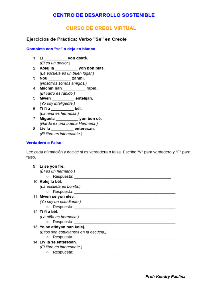 Ejercicios de Práctica - Verbo - Se - en Creole | PDF | Artes del ...