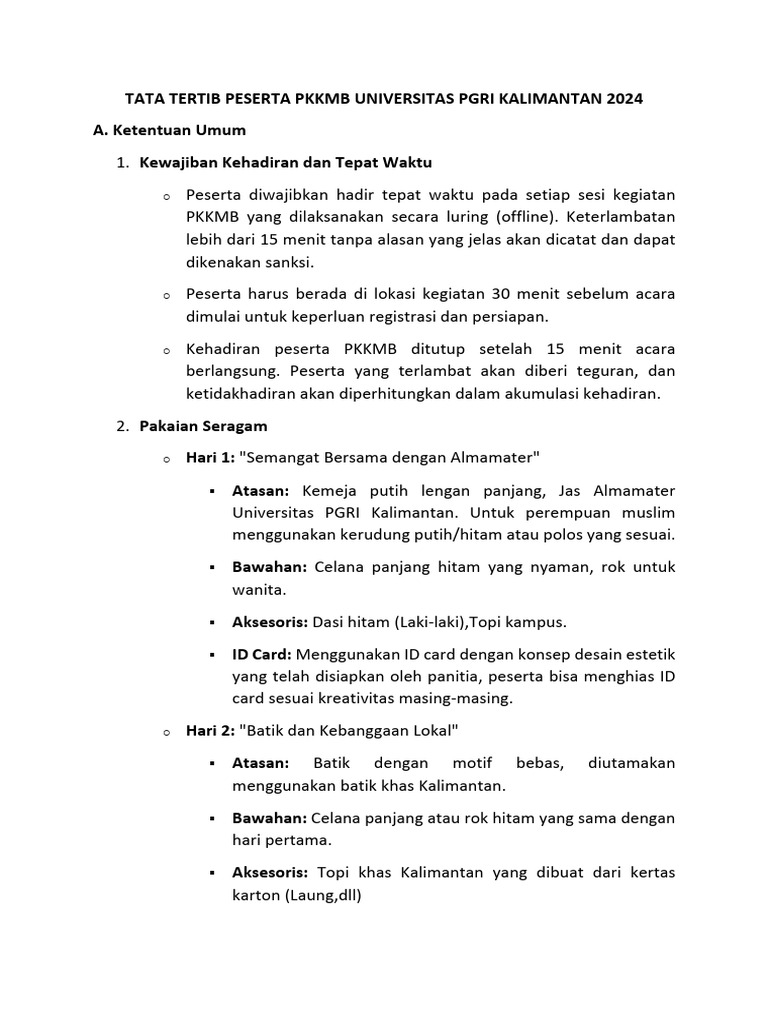 Tata Tertib Peserta PKKMB Universitas Pgri Kalimantan 2024 | PDF