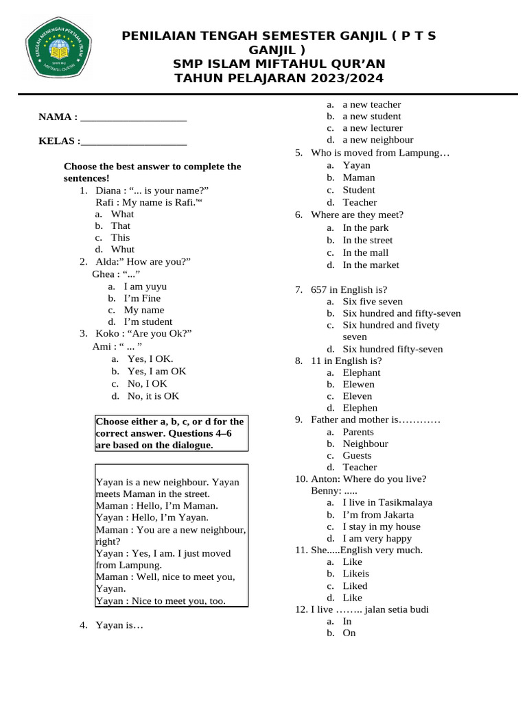 PTS BAHASA INGGRIS KELAS VII SMPI MQ | PDF | Linguistics