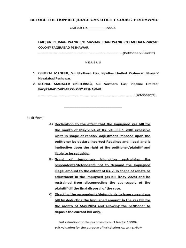 Suit For Declaration Gas Laiq | PDF | Lawsuit | Affidavit