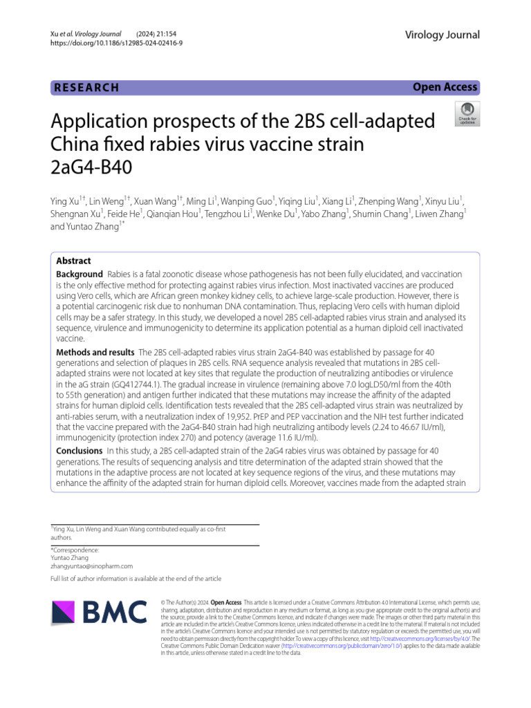 Application Prospects of The 2BS Cell-Adapted China Fixed Rabies Virus ...