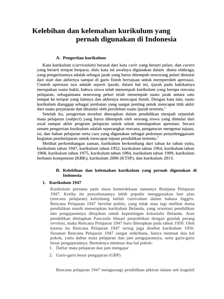 Kelebihan Dan Kelemahan Kurikulum Yang Pernah Digunakan Di Indonesia | PDF