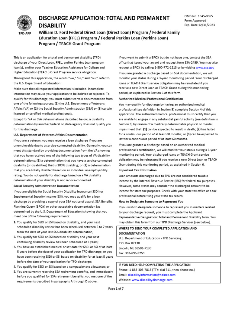 TotalandPermanentDisabilityDischargeApplication en Us | PDF | Social ...