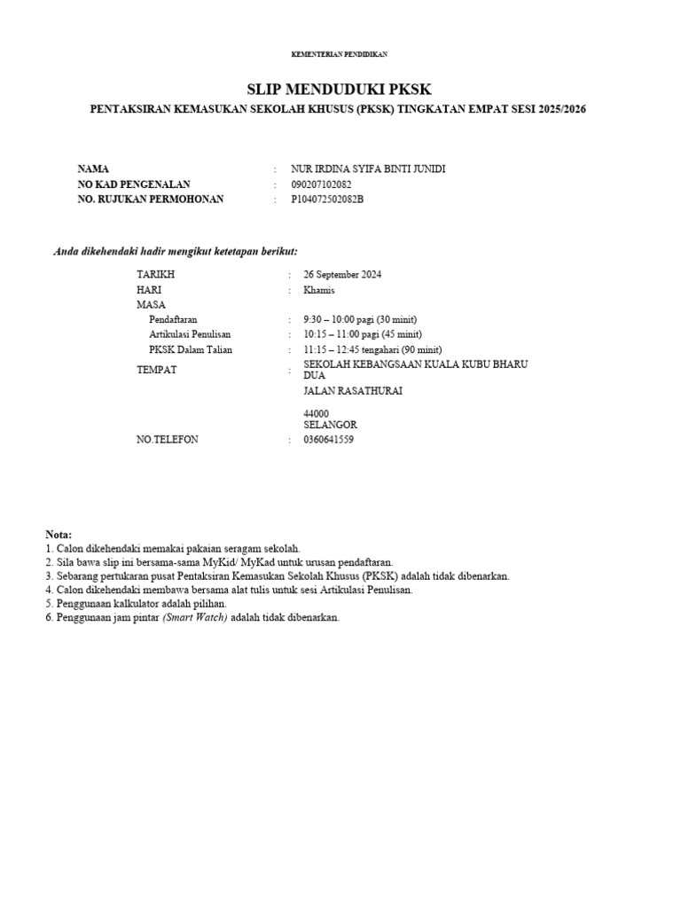 Slip PKSK Tingkatan 4 2025/2026 | PDF