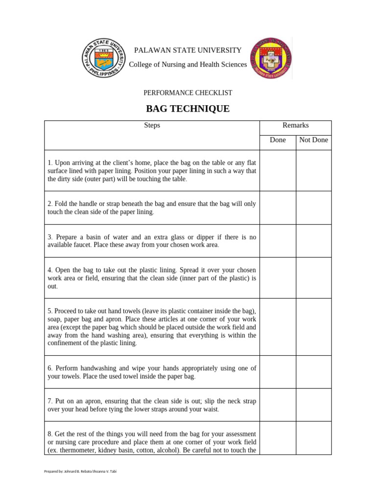 Checklist Bag Technique | PDF | Hand Washing