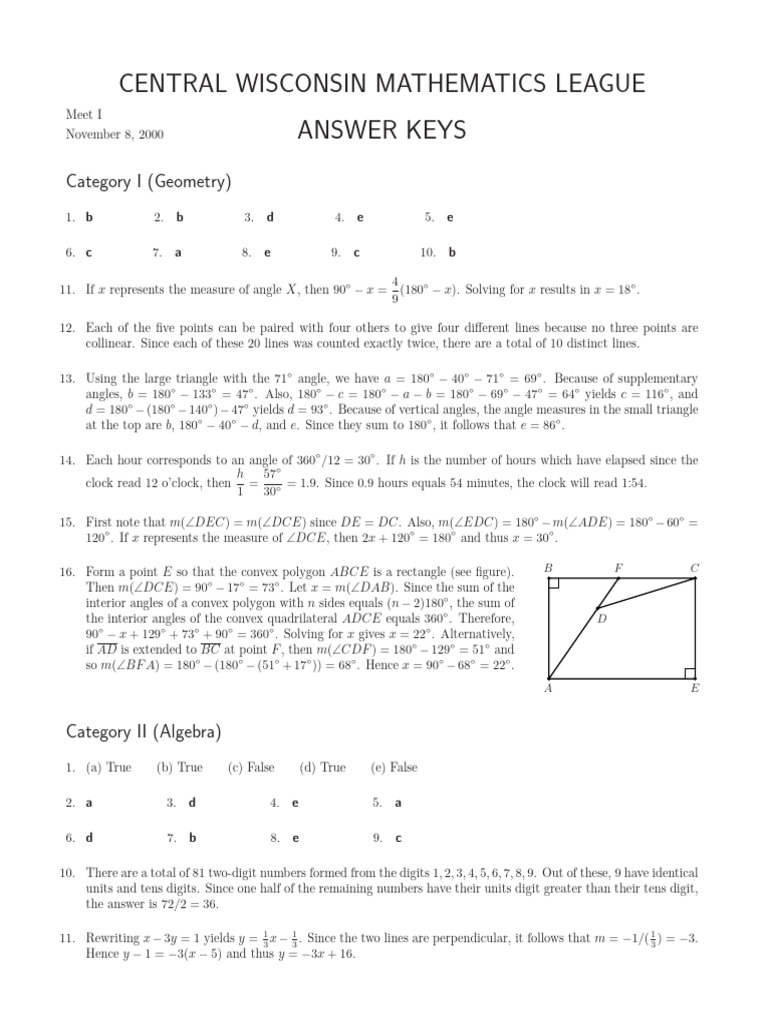 Geometry and Algebra Answer Keys | PDF | Triangle | Mathematics