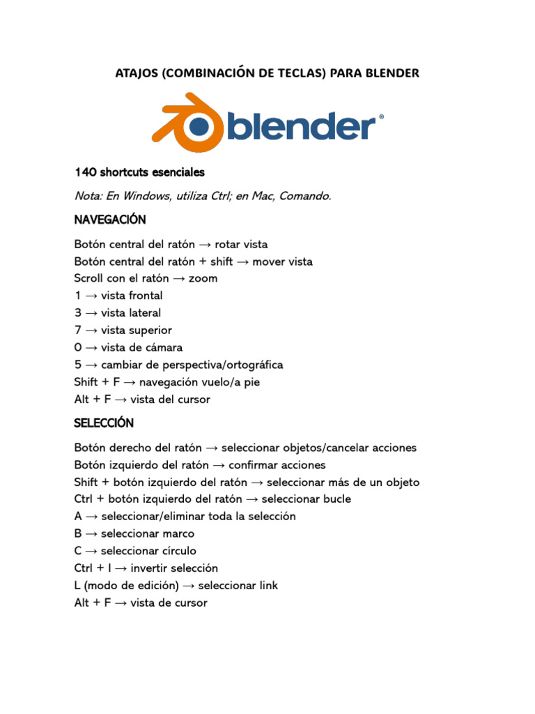 ATAJOS (Combinacion de Teclas) en Blender | PDF | Implementos de ...