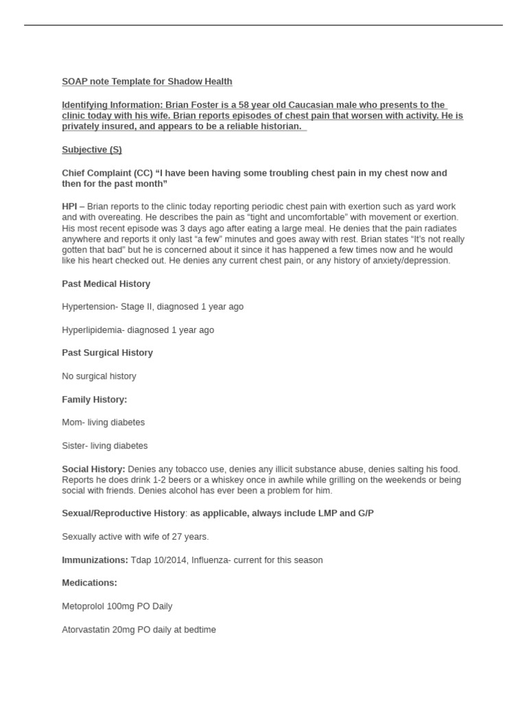 Chest Pain SOAP Note | PDF | Clinical Medicine | Diseases And Disorders