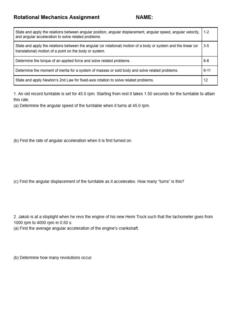Rotational Mechanics Assignment | PDF | Torque | Rotation Around A ...