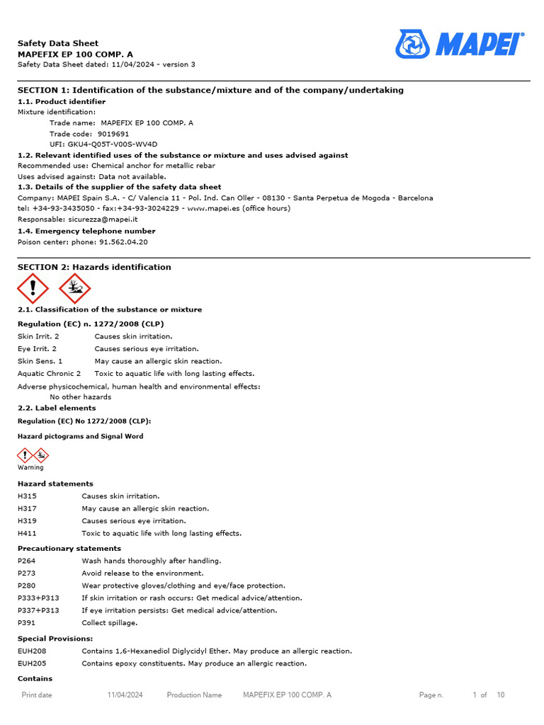 Mapefix Ep 100 MSDS | PDF | Dangerous Goods | Toxicity