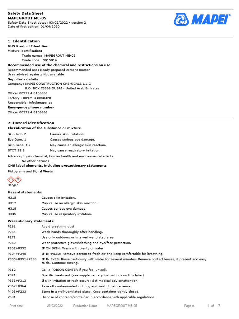 MAPEGROUT ME-05 Safety Data Sheet | PDF | Dangerous Goods ...