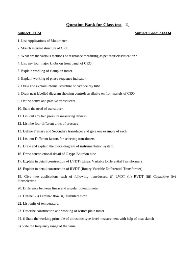 Question Bank For Class Test | PDF