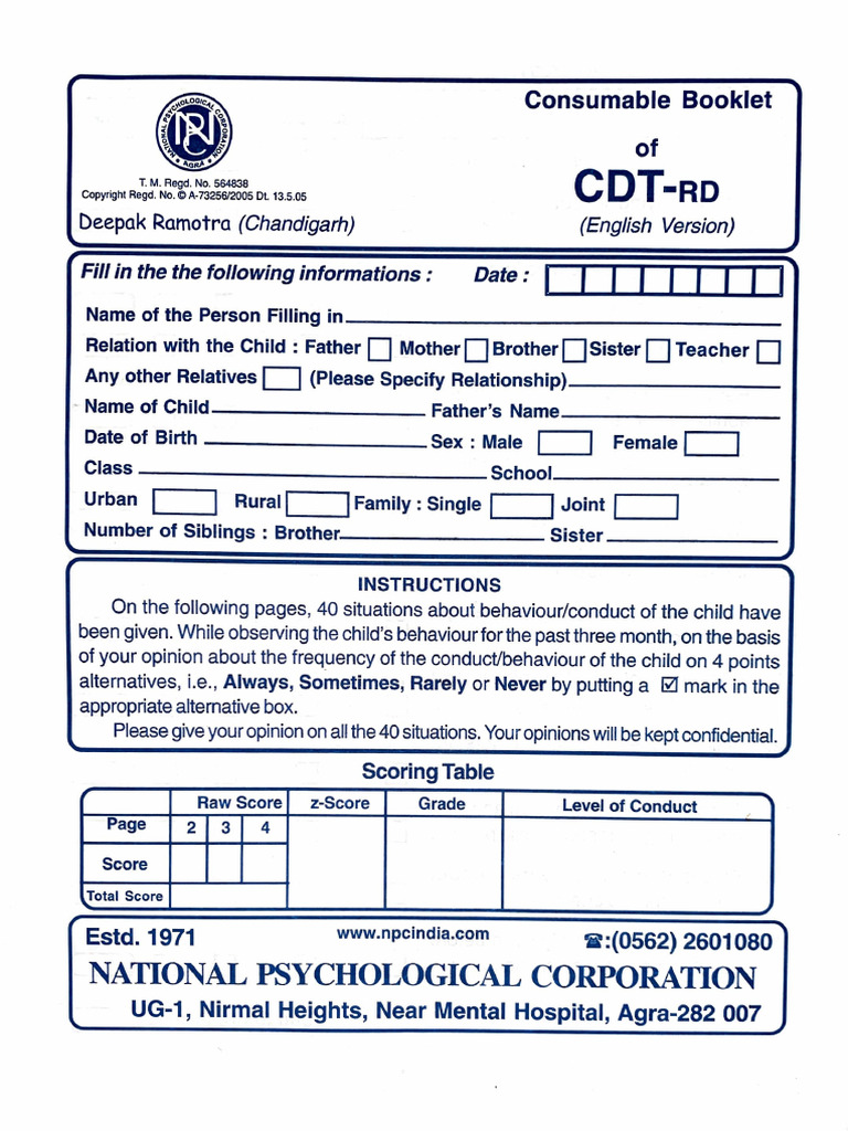 Conduct Disorder Questionnaire (1) | PDF | Psychological Concepts ...