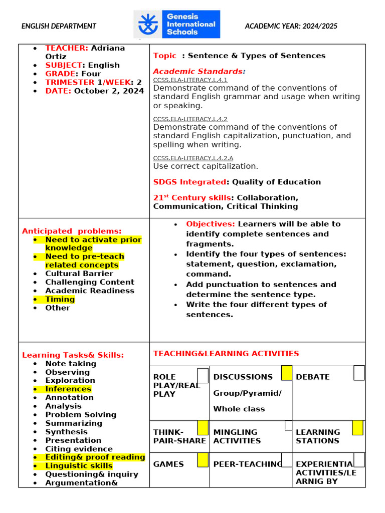 GRAMMAR LESSON PLAN | PDF | Learning | English Language