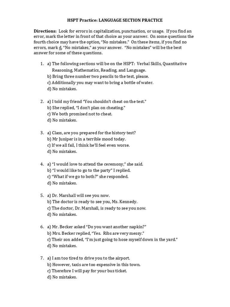 HSPT Verbal 15 Questions | PDF | Comma | Punctuation