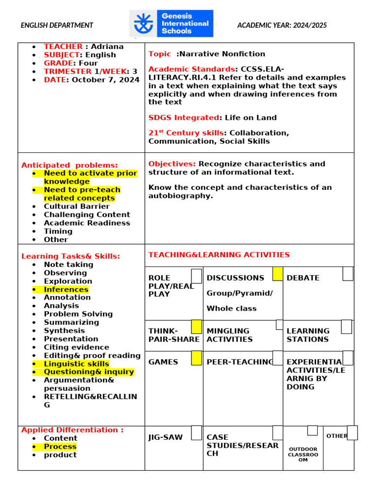 Narrative Nonfiction Lesson Plan | PDF | Cognition | Learning