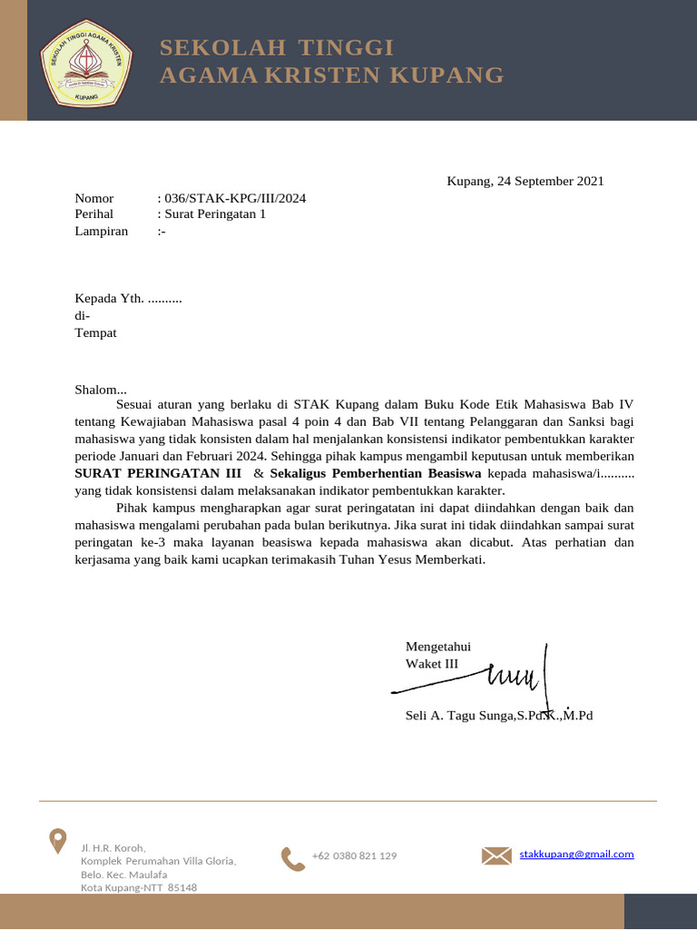 Surat Peringatan Mahasiswa STAK Kupang | PDF