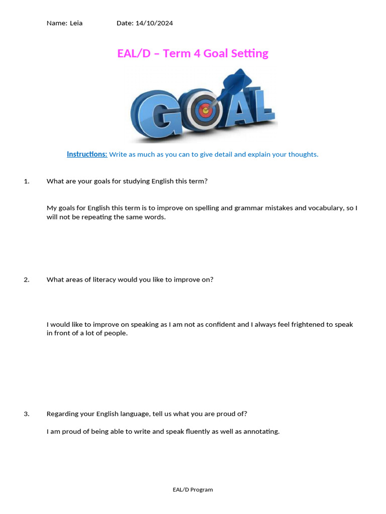 EAL/D Student Goals & Reflections | PDF | Language Arts & Discipline