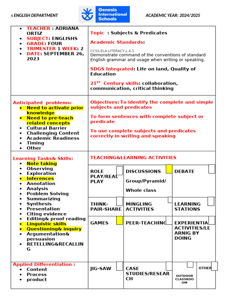 Lesson Plan Subjects and Predicates | PDF | Subject (Grammar ...