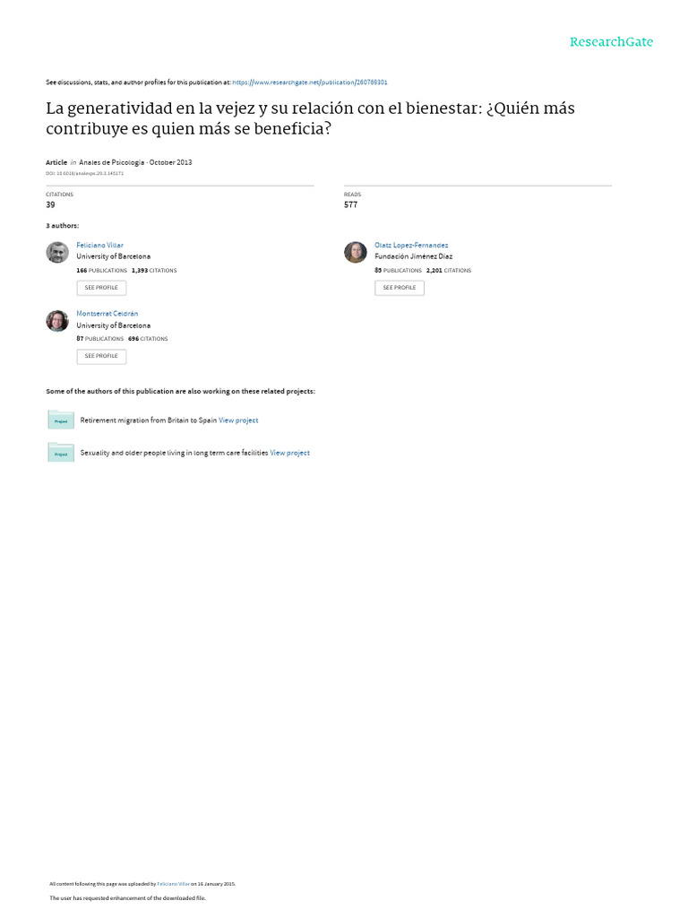 2013 Generatividad Bienestar Anales Psi | PDF | Vejez | Alfa de Cronbach