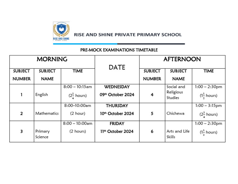 Pre-Mock Exam Timetable 2024 | PDF
