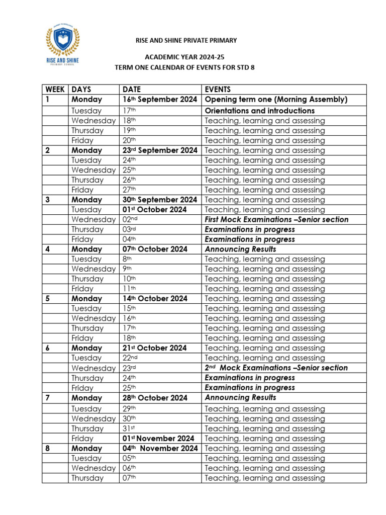 Term One Calendar 2024-25 Events | PDF