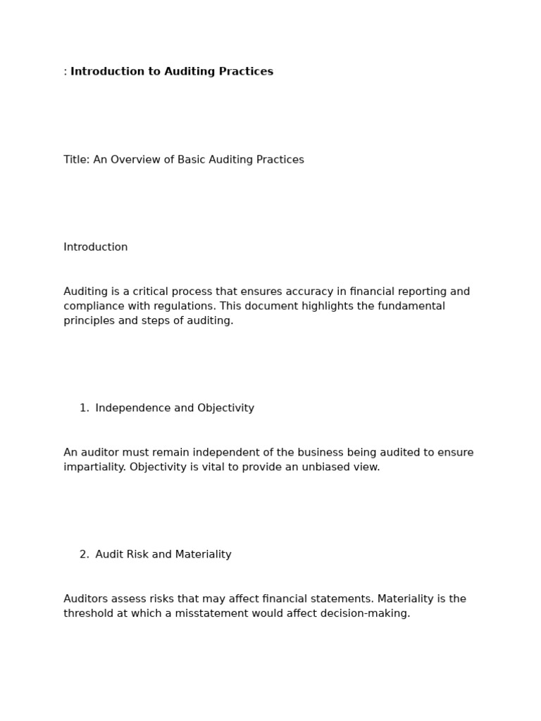 Introduction To Auditing Practices | PDF | Business