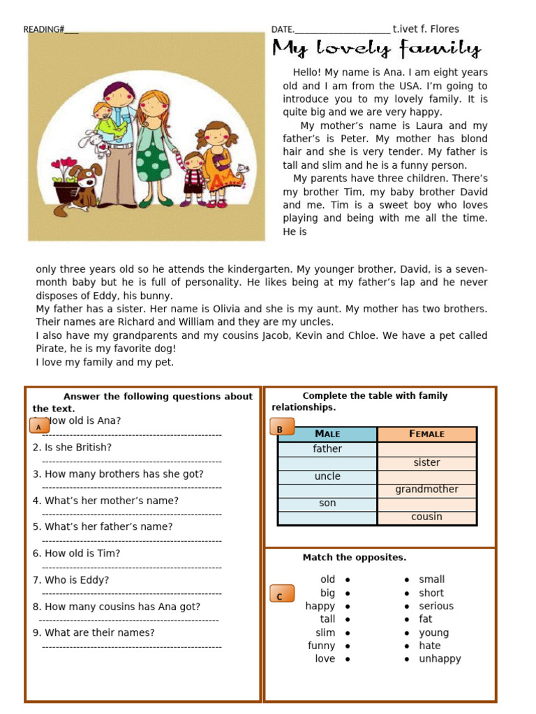 My Lovely Family Reading Comprehension Exercises - 10557 1 | PDF ...