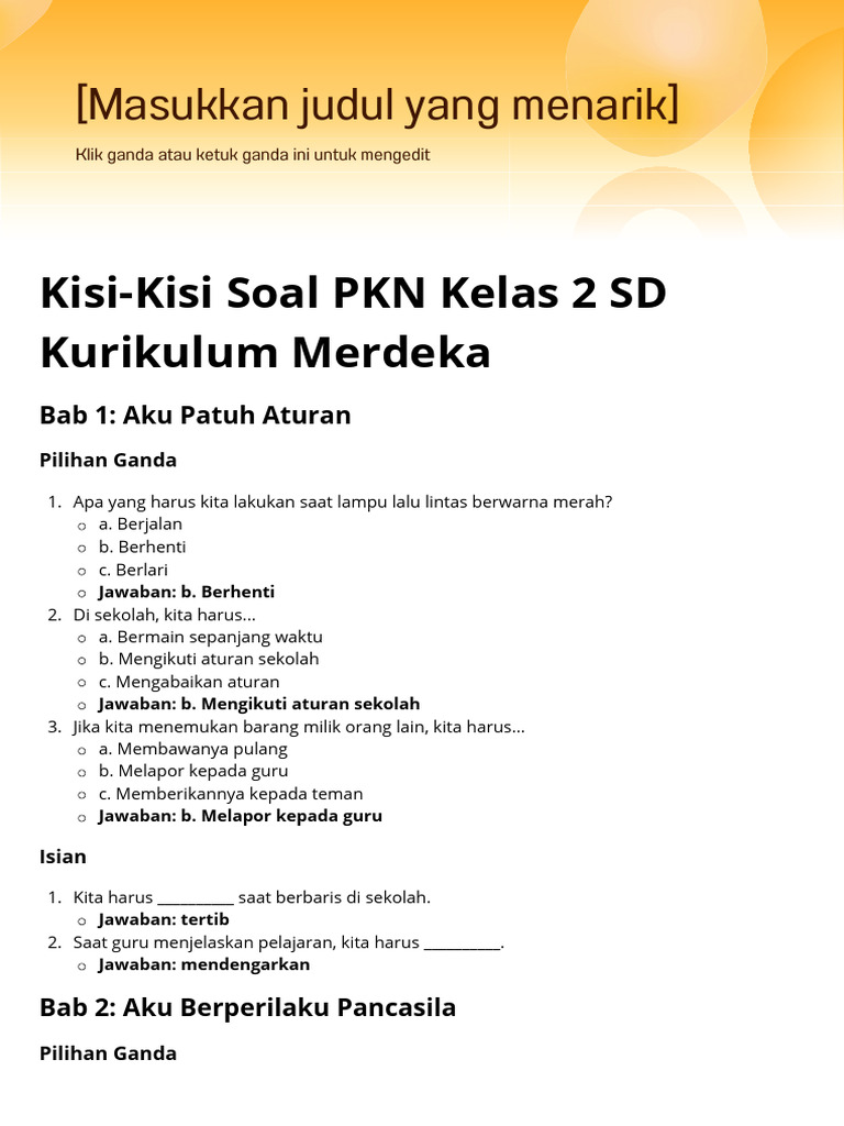 Kisi-Kisi Soal PKN Kelas 2 SD Kurikulum Merdeka - 20241026 - 111253 - 0000 | PDF | Seni ...
